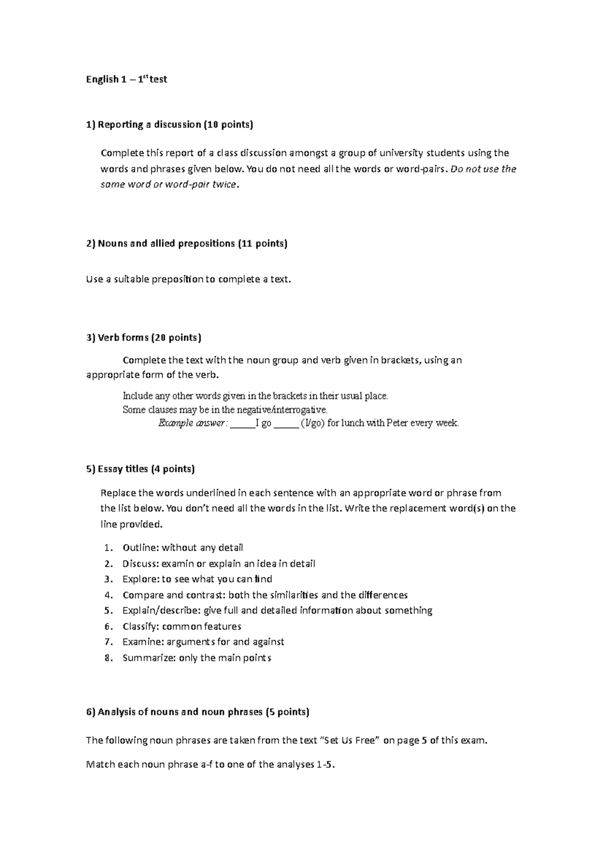 English 1 test - 1ª frequência inglês 1 2022/2023 - English 1 – 1st ...