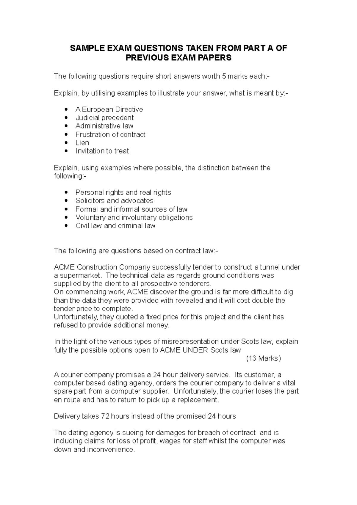 EXAM EXAM 4 April 2014, questions - SAMPLE EXAM QUESTIONS TAKEN FROM ...