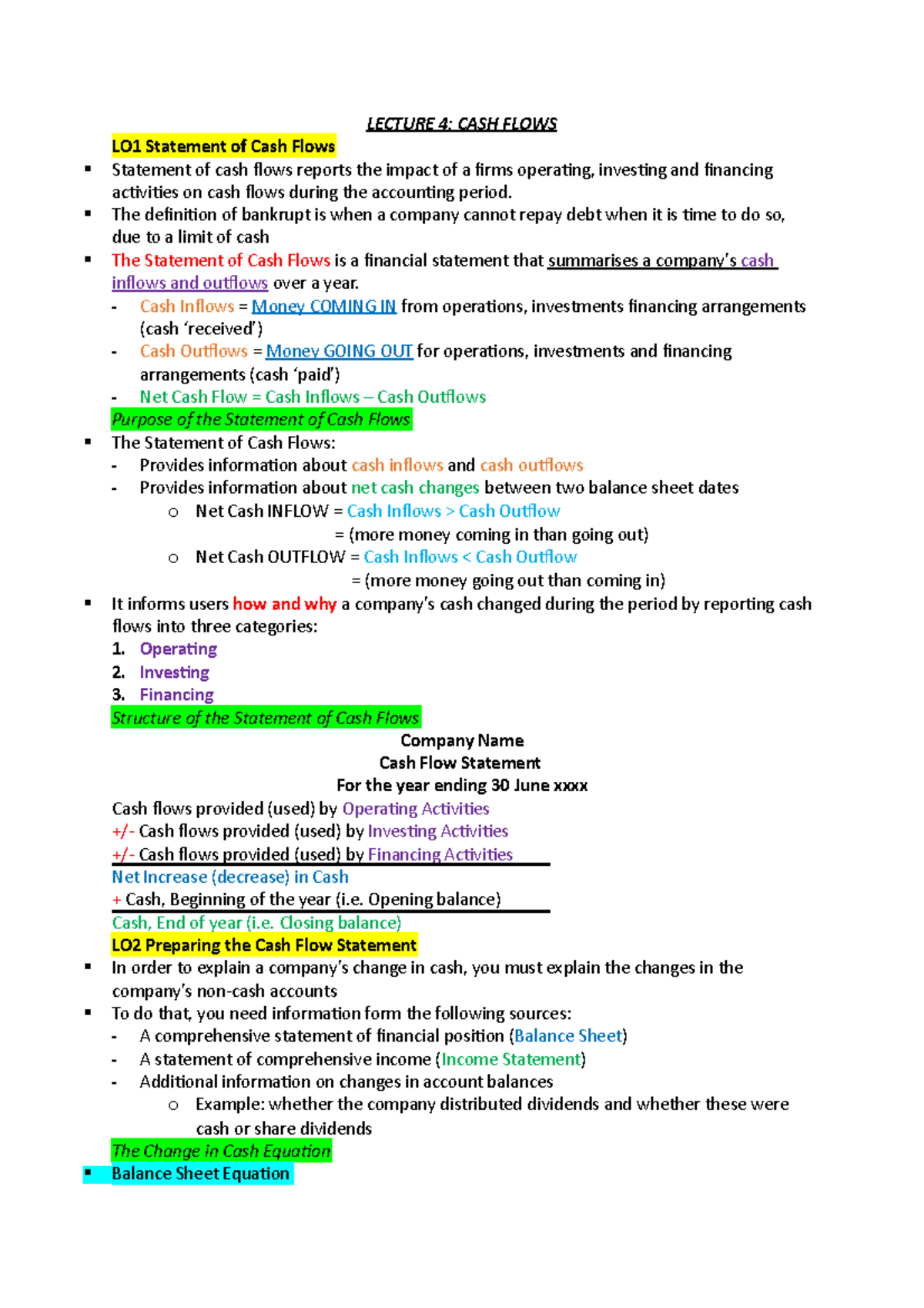 Lecture 4 Notes- Cash Flows - LECTURE 4: CASH FLOWS LO1 Statement of ...