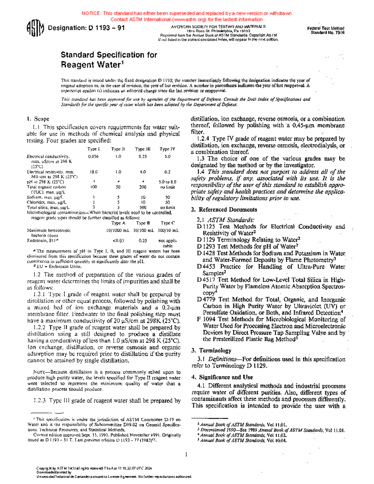 Astm Standards For Laboratory Reagent Water (Astm D1193-91) at Darcy ...