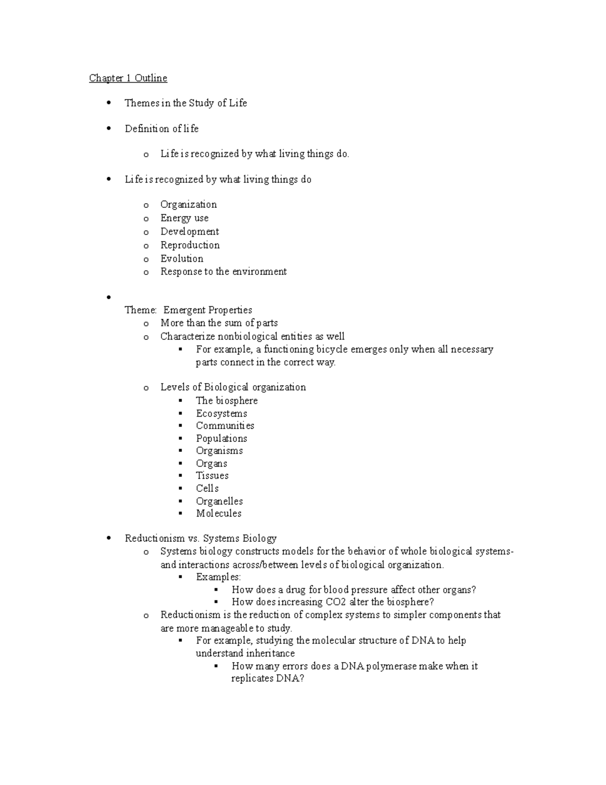Biol 1201 licata chapter 1 outline - Chapter 1 Outline Themes in the Study of Life Definition of ...