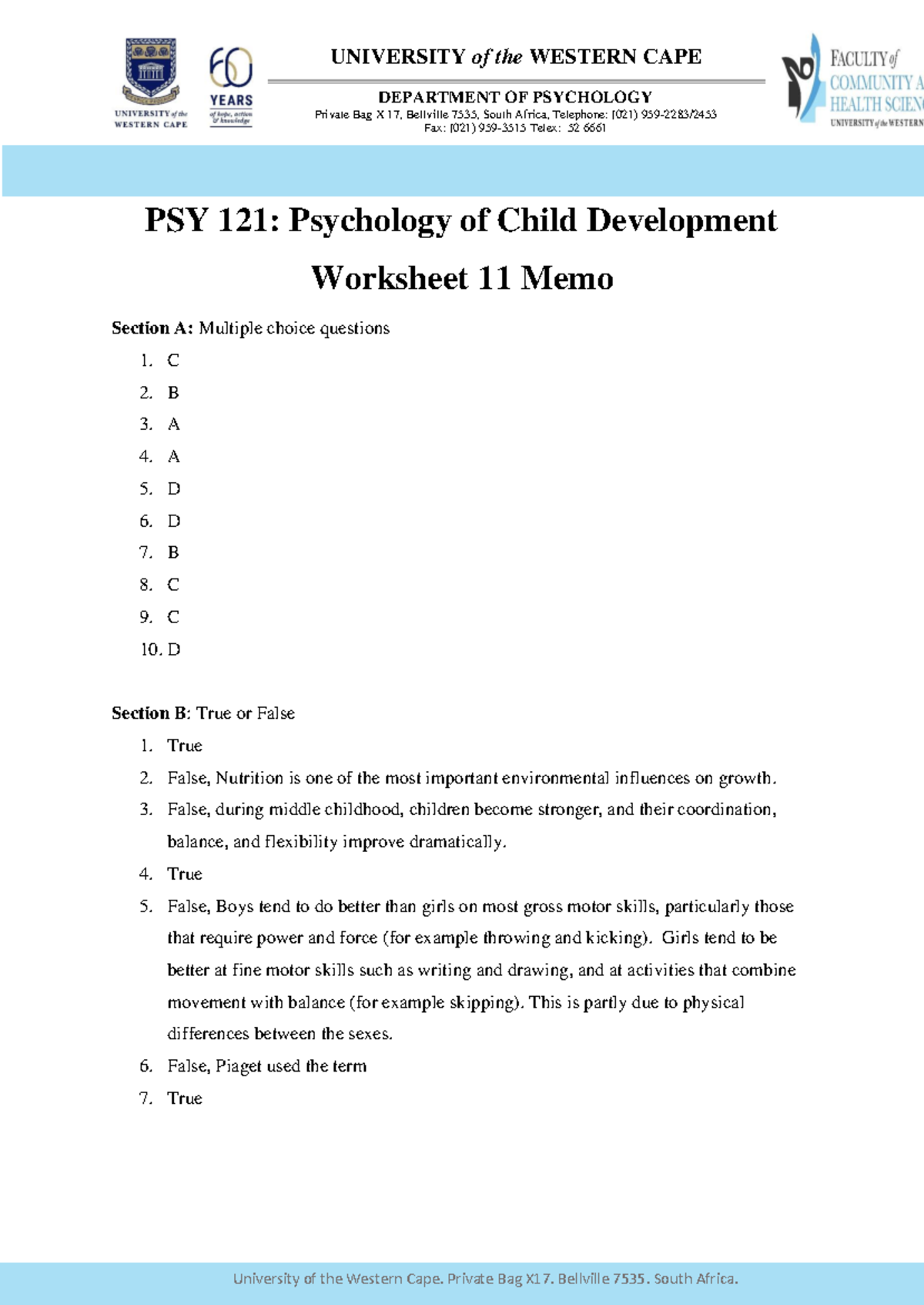 PSY 121 Worksheet 11 Memo - UNIVERSITY of the WESTERN CAPE DEPARTMENT ...