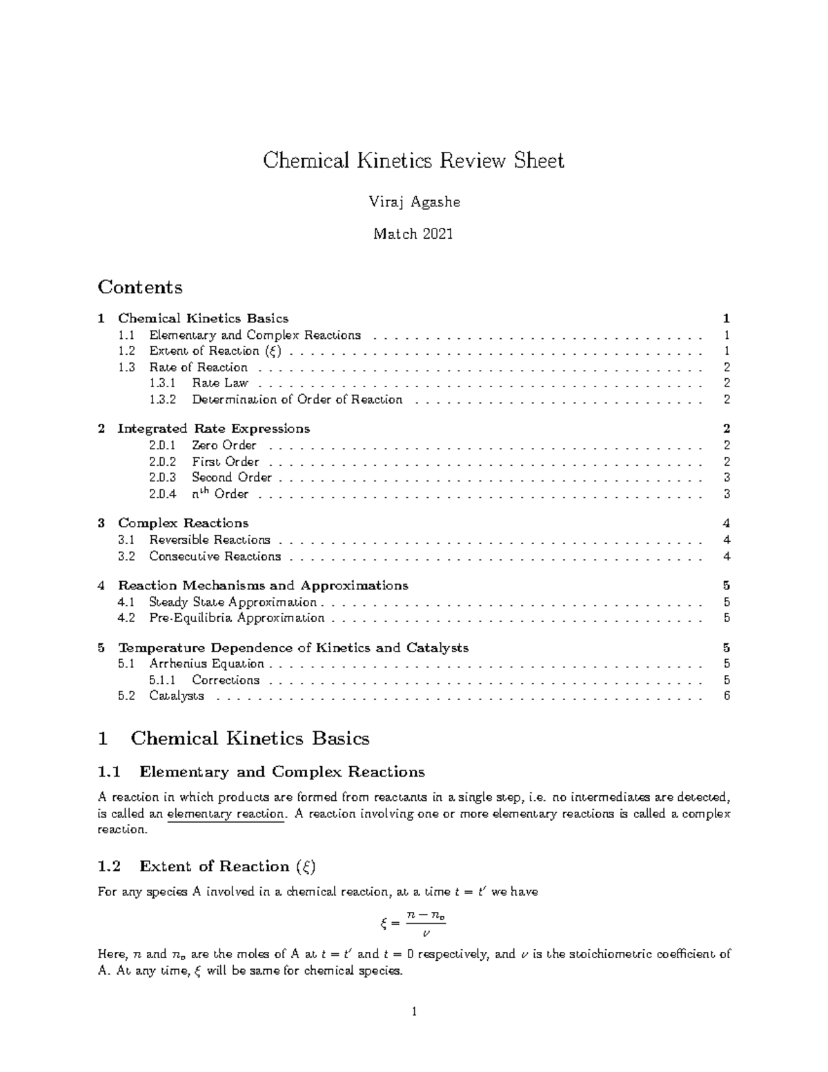 Kinetics Formula Sheet - Chemical Kinetics Review Sheet Viraj Agashe ...