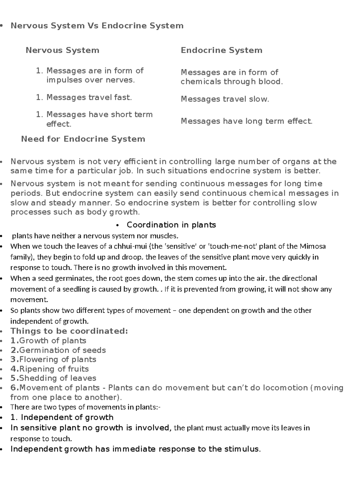 Coordination IN Plants - Nervous System Vs Endocrine System Nervous ...