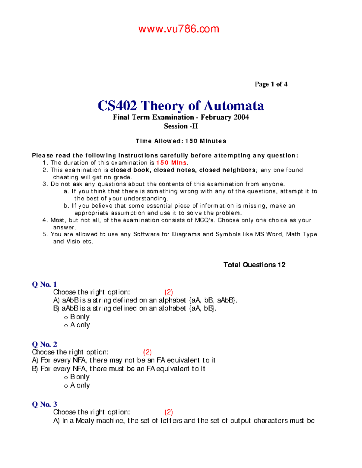 Cs402 final term - Page 1 of 4 CS402 Theory of Automata Final Term Examination - February 2004 ...