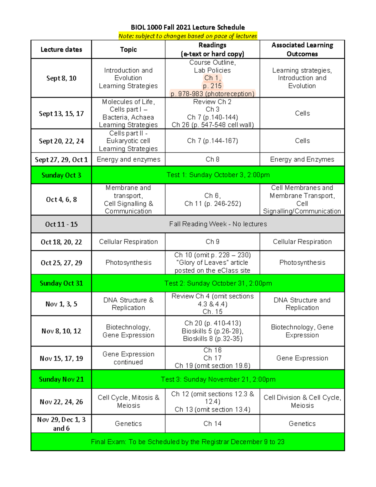BIOL 1000 Fall 2021 Lecture Schedule - Final - BIO101 - Yorku - Studocu