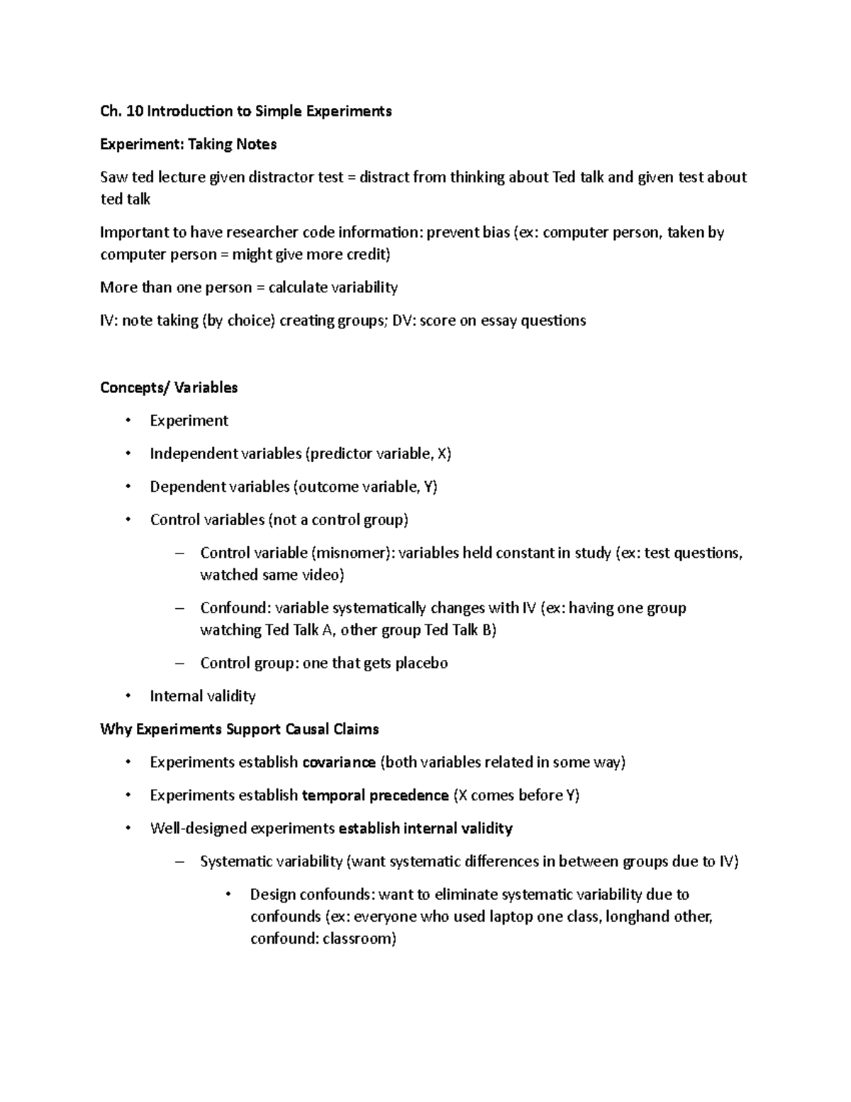 PSY 301 Chapter 10 Notes - Ch. 10 Introduction to Simple Experiments ...