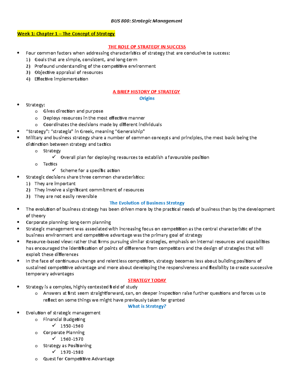 BUS-800-Notes - notes - BUS 800: Strategic Management Week 1: Chapter 1 ...