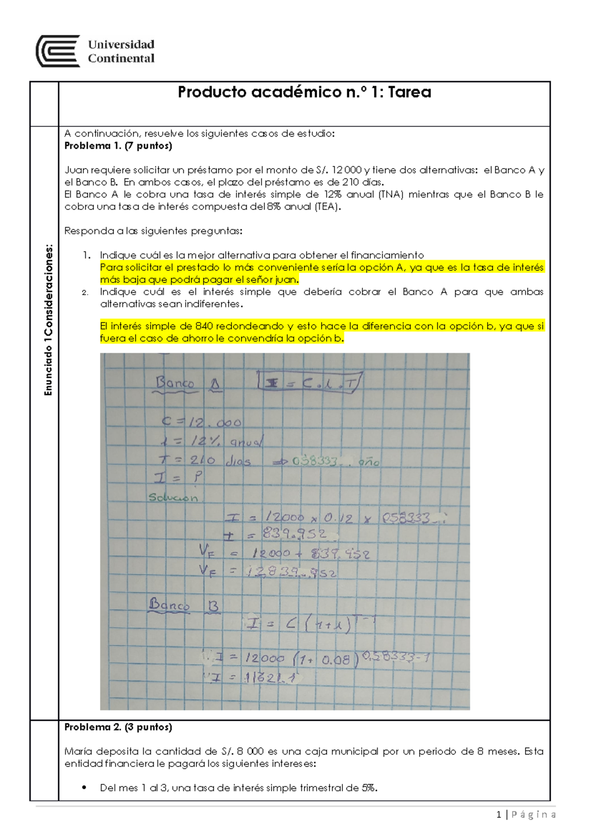 PA1. MA. Finan - matemtica - Producto académico n.º 1: Tarea Consideraciones: Enunciado 1 A ...