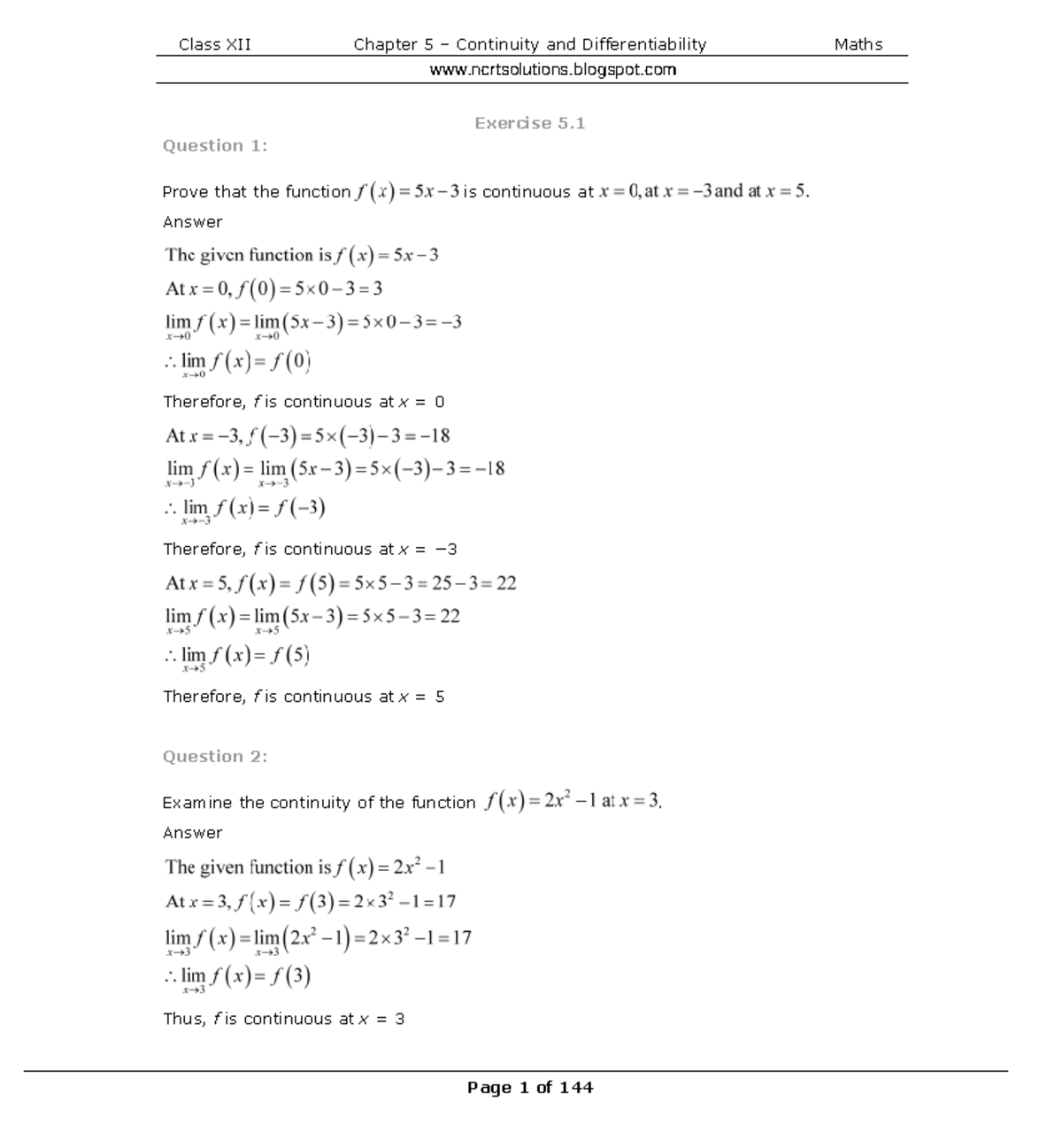 Ch-05 Continuity-Differentiability - Exercise 5. Question 1: Prove that ...