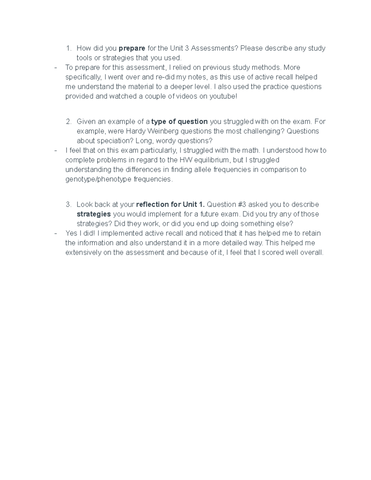 Unit 3 Reflection - How did you prepare for the Unit 3 Assessments ...