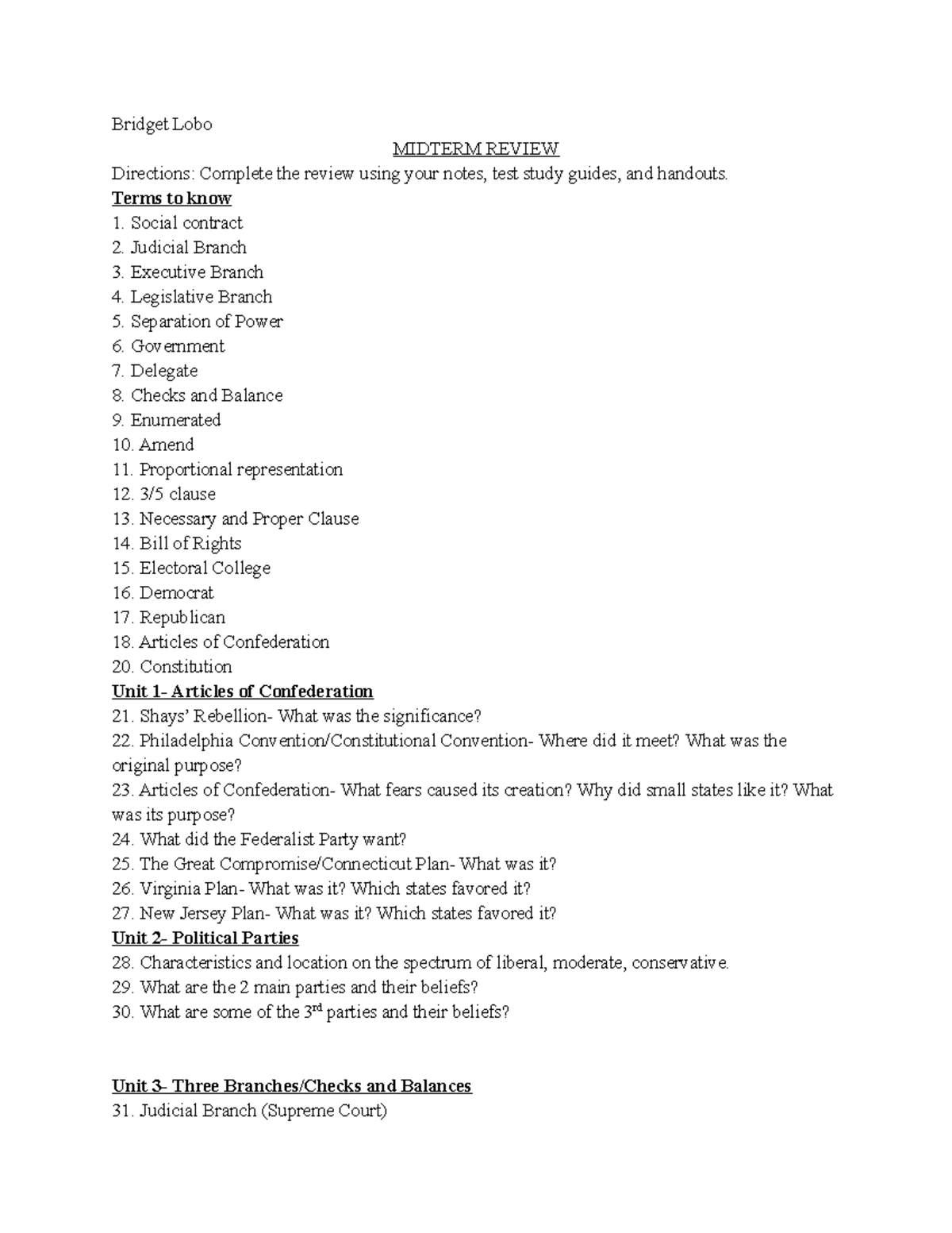 Gov Midterm Gov Overview Bridget Lobo Midterm Review Directions