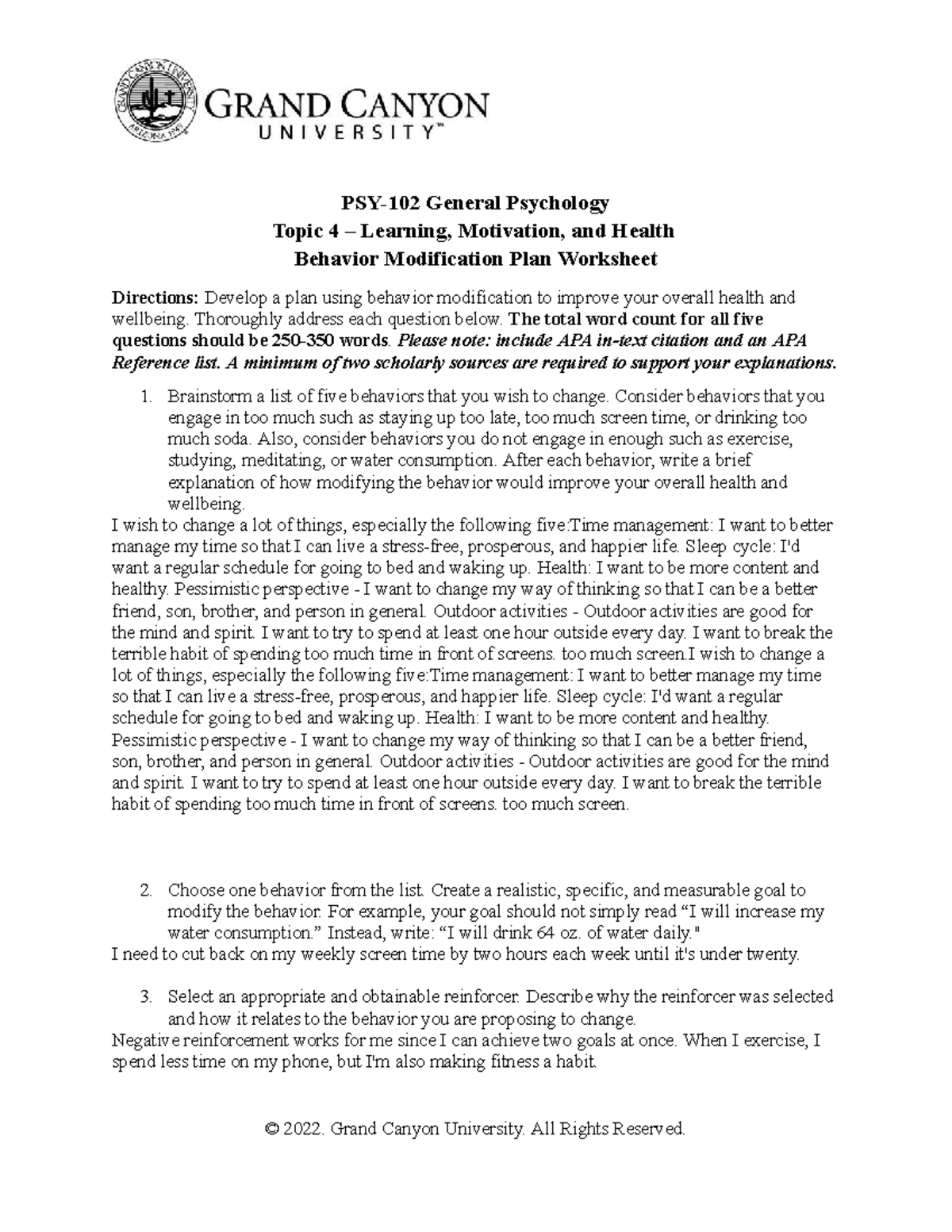 PSY 102 RS T4 Behavior Modification Plan - PSY-102 General Psychology ...