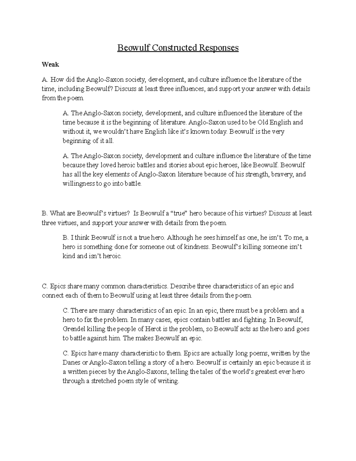 Beowulf Constructed Responses - Beowulf Constructed Responses Weak A ...