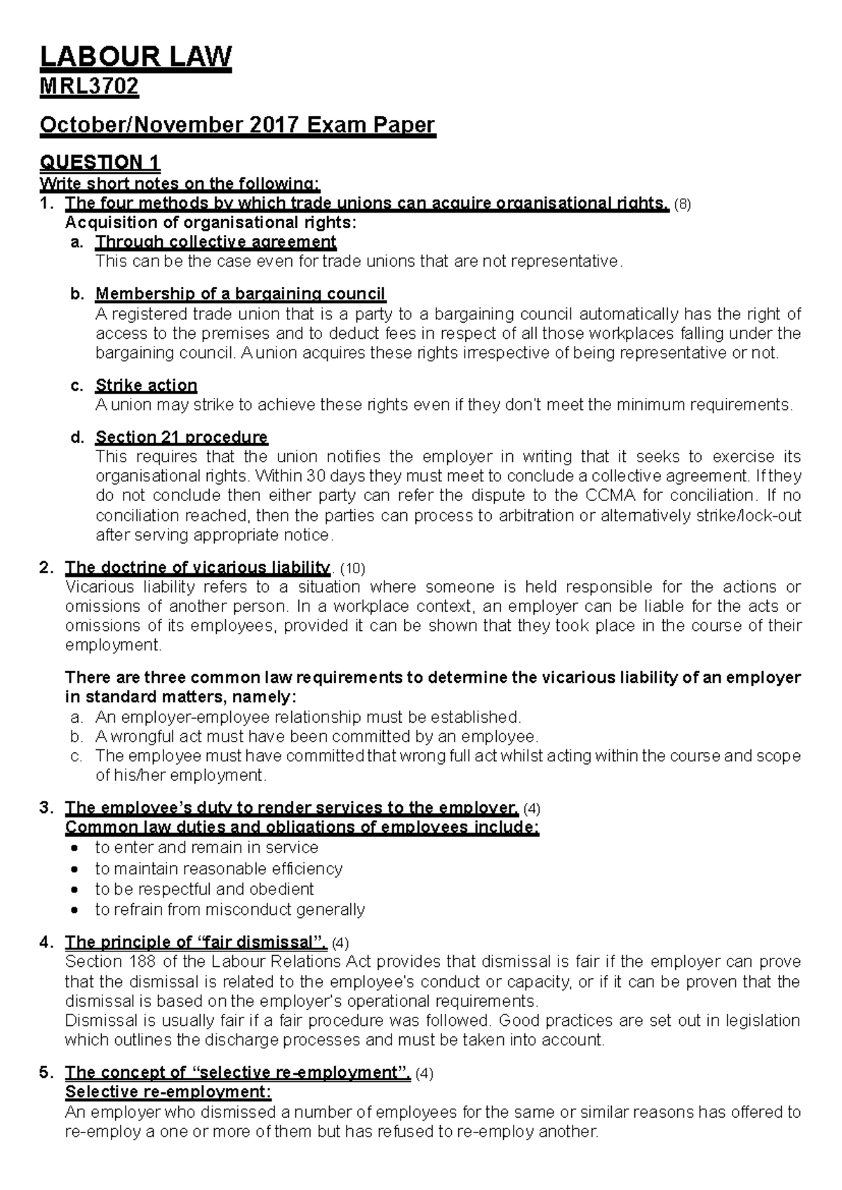 MRL 3702 notes 2 2024 - Summary LABOUR LAW - LABOUR LAW MRL October ...