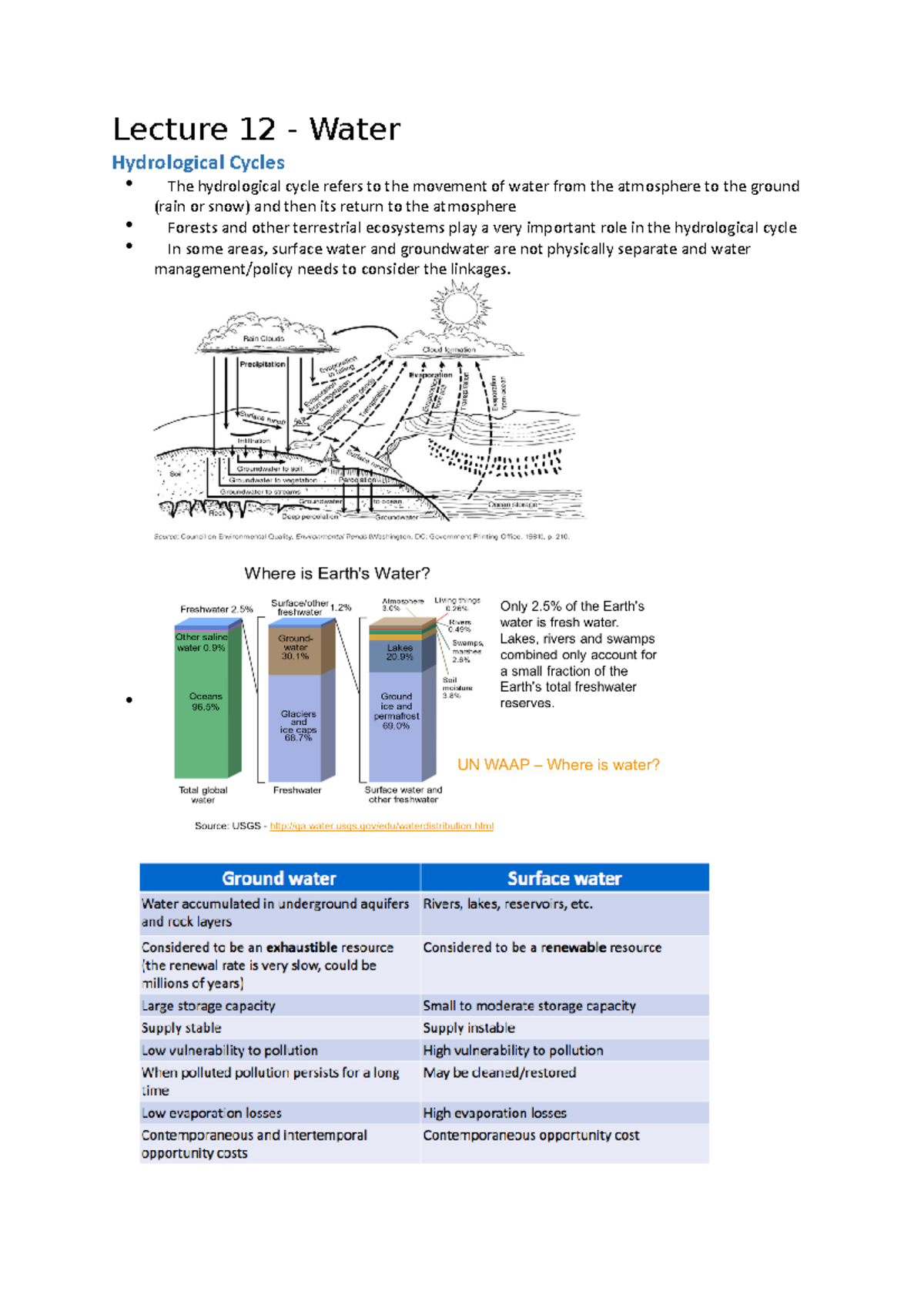 Lecture 12 - Water - Lecture 12 - Water Hydrological Cycles The ...