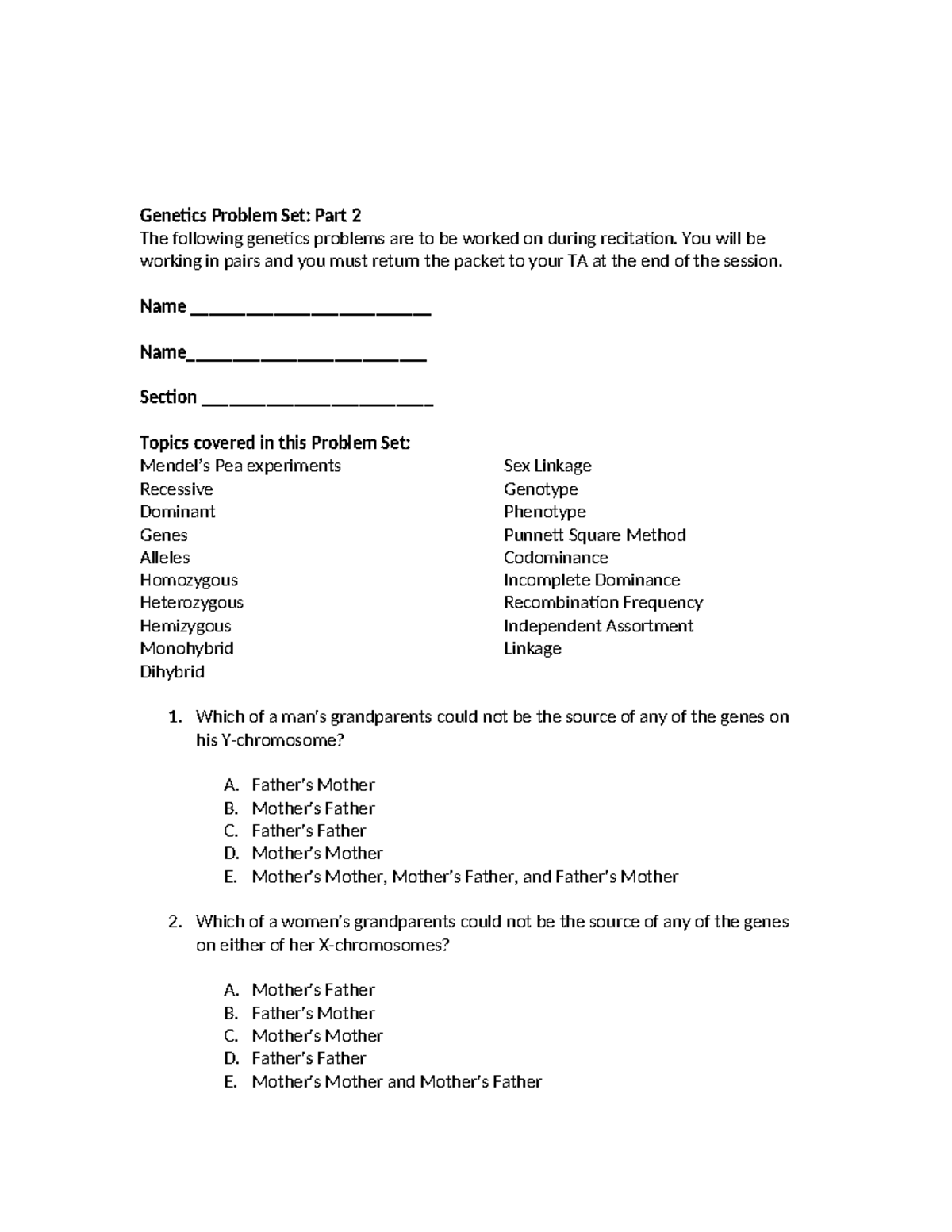 Genetics Problems Part2(1) - Genetics Problem Set: Part 2 The following ...