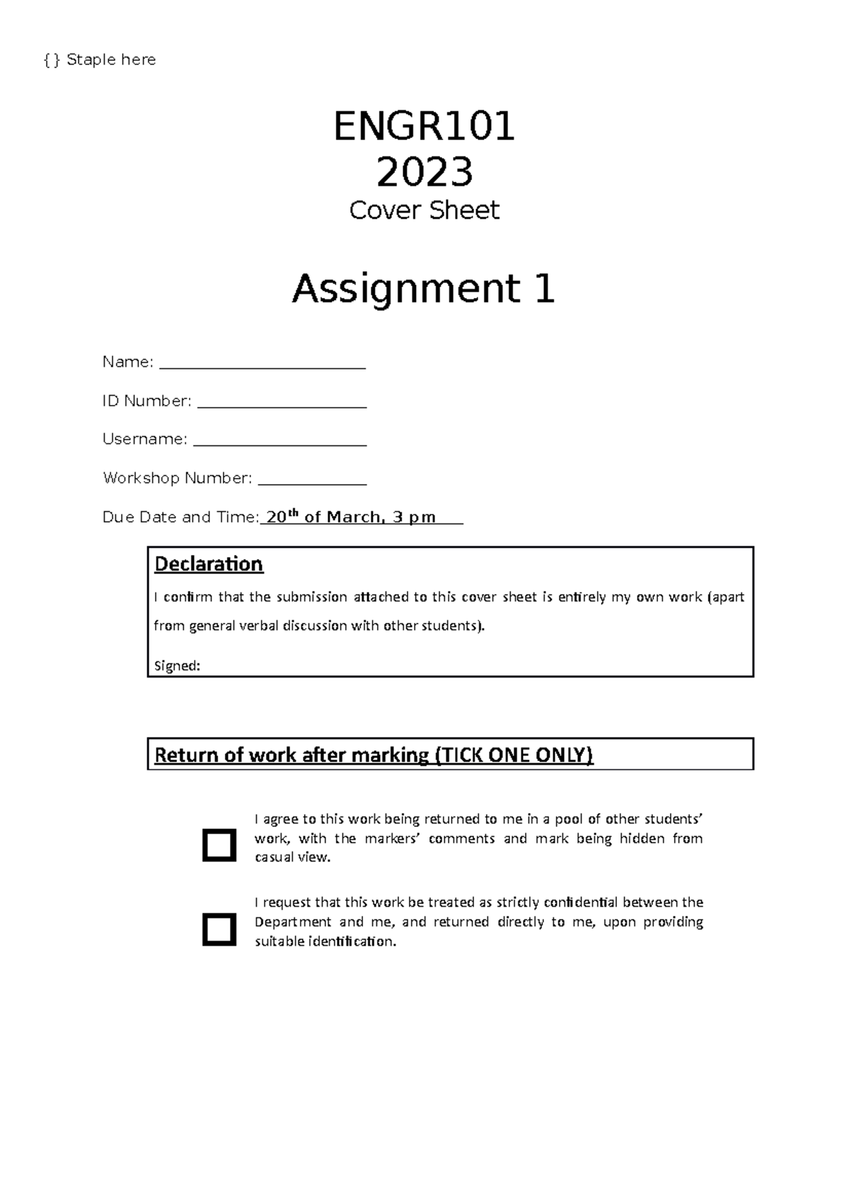ENGR101 Assigment 1 Template 2023 - {} Staple here ENGR 2023 Cover ...