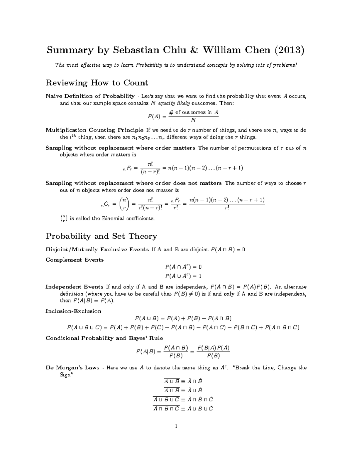 Summary-intro to prob - Summary by Sebastian Chiu & William Chen (2013 ...