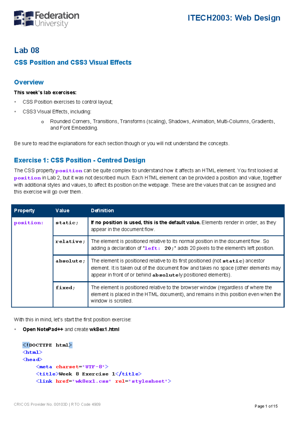 Itech 2003 Lab08 Css Position And Css3 Visual Effects Cricos Provider No 00103d Rto Code