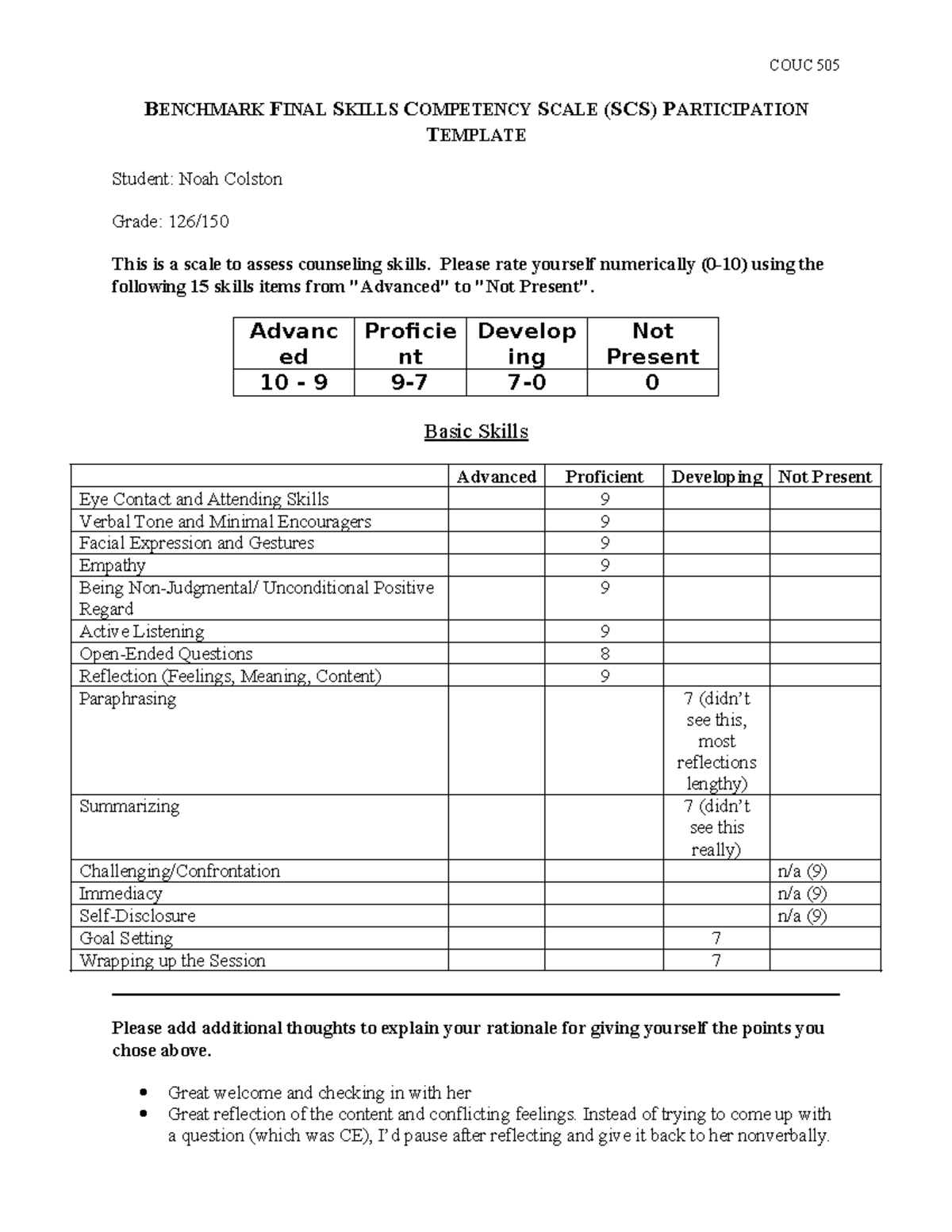 Final Skills Competency Scale - Noah Colston - COUC 505 BENCHMARK FINAL ...