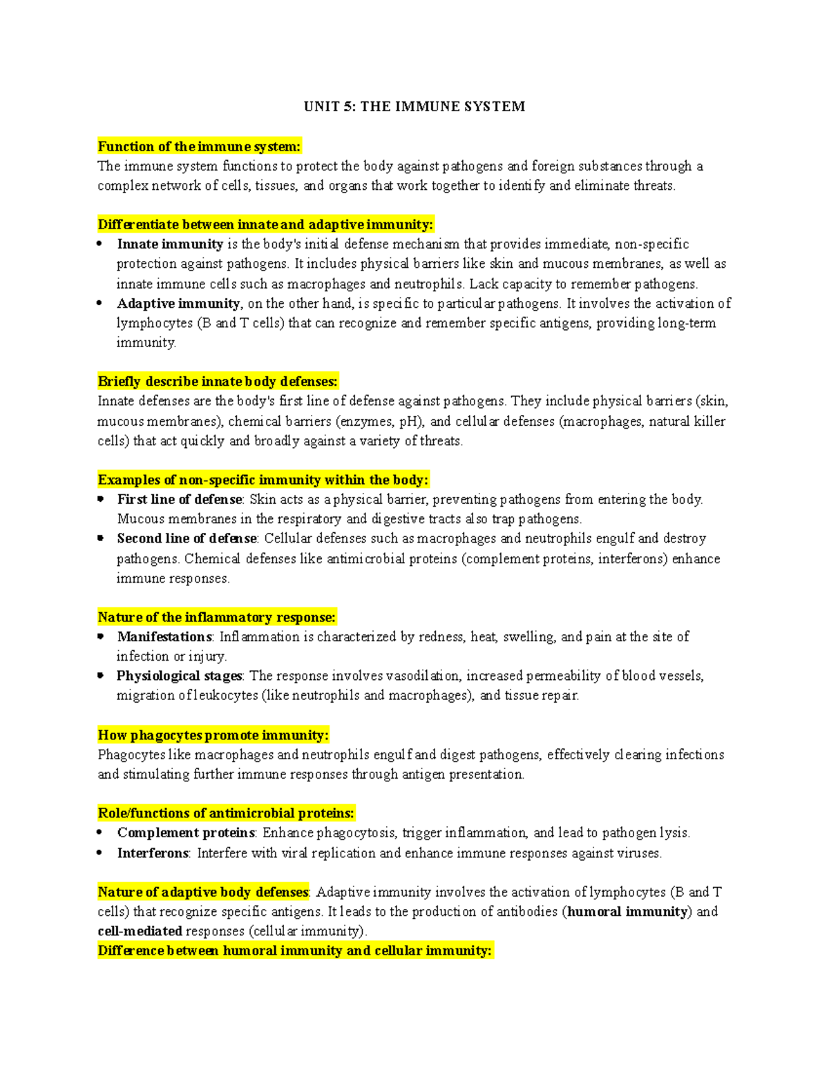 Week 7 - UNIT 5 Immune System - UNIT 5: THE IMMUNE SYSTEM Function of ...