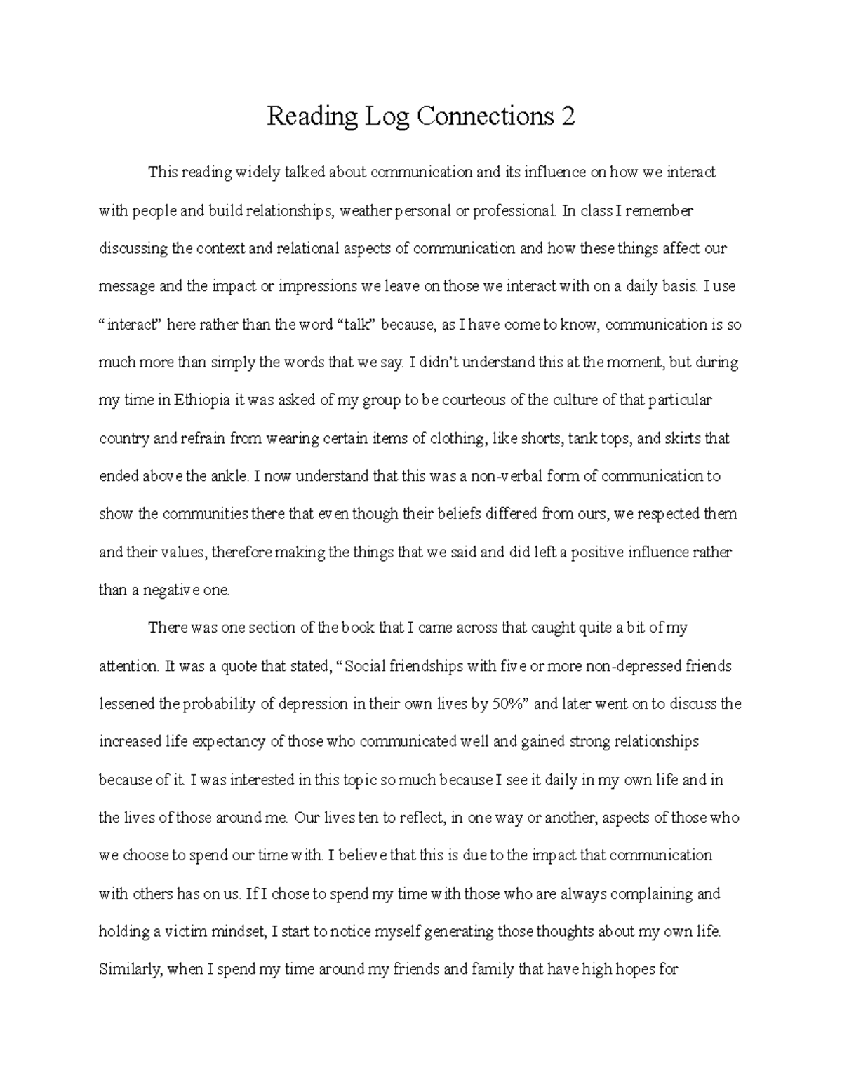 Reading Log Connections 2 - In class I remember discussing the context ...