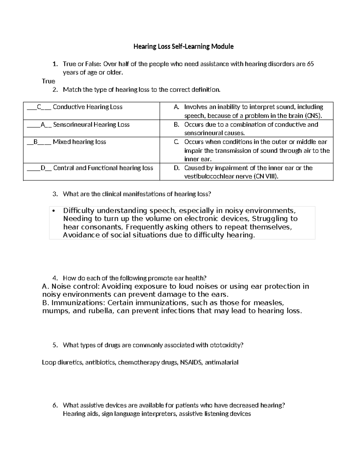 Hearing Loss SLM - Hearing Loss Self-Learning Module 1. True or False ...