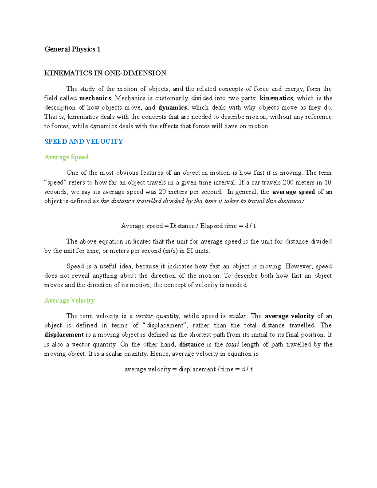 One-dimensional-Kinematics - General Physics 1 KINEMATICS IN ONE ...
