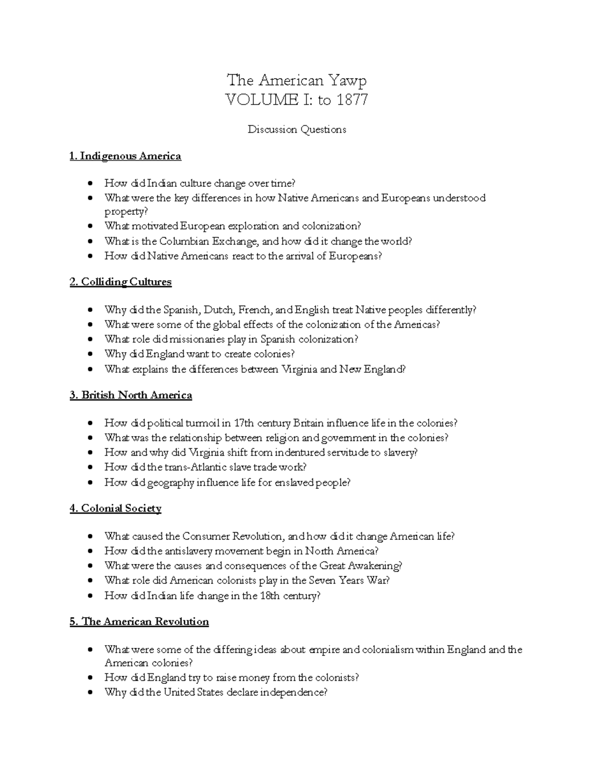HIST 1301 Discussion Questions - The American Yawp VOLUME I: to 1877 ...