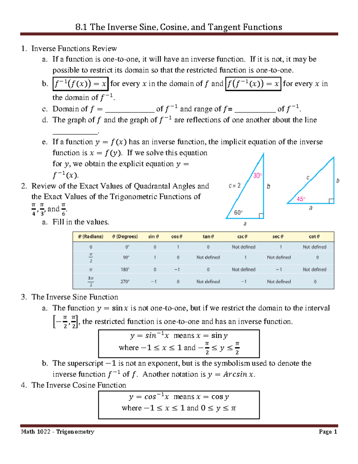 8 1 The Inverse Functions 190305 - Inverse Functions Review a. If a ...