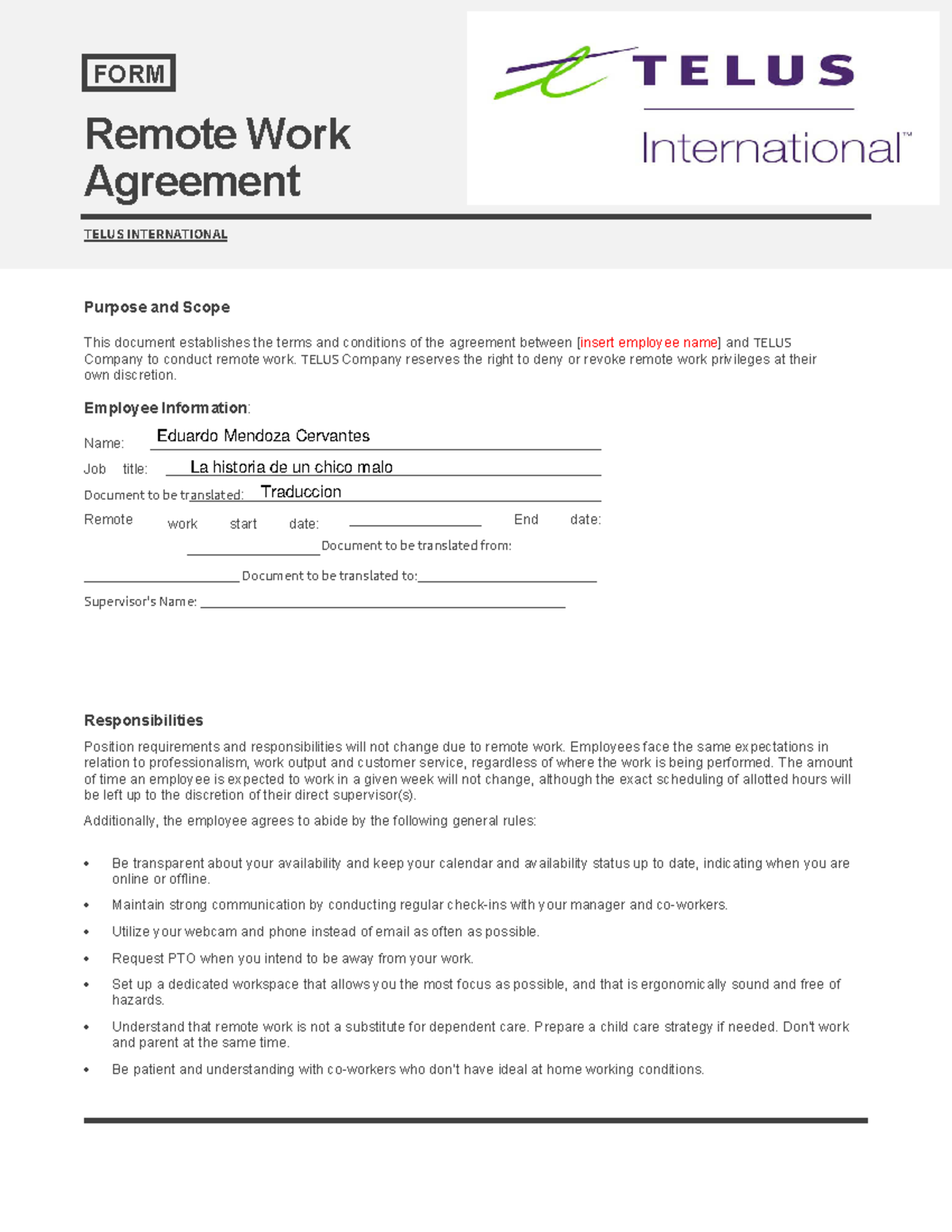 Telus Employee Contract Form (1)++ - FORM Remote Work Agreement TELUS ...
