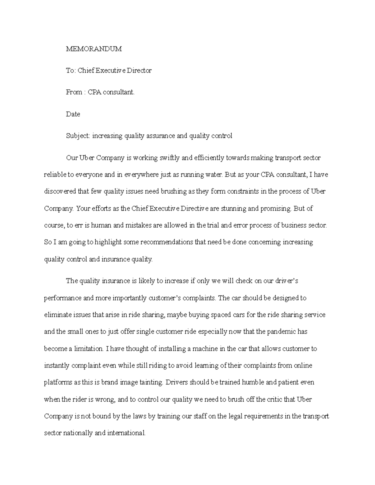 Memorandum assignment - MEMORANDUM To: Chief Executive Director From ...
