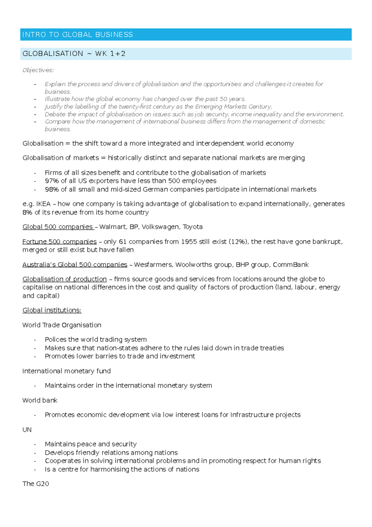 Global business notes - INTRO TO GLOBAL BUSINESS GLOBALISATION ~ WK 1 ...