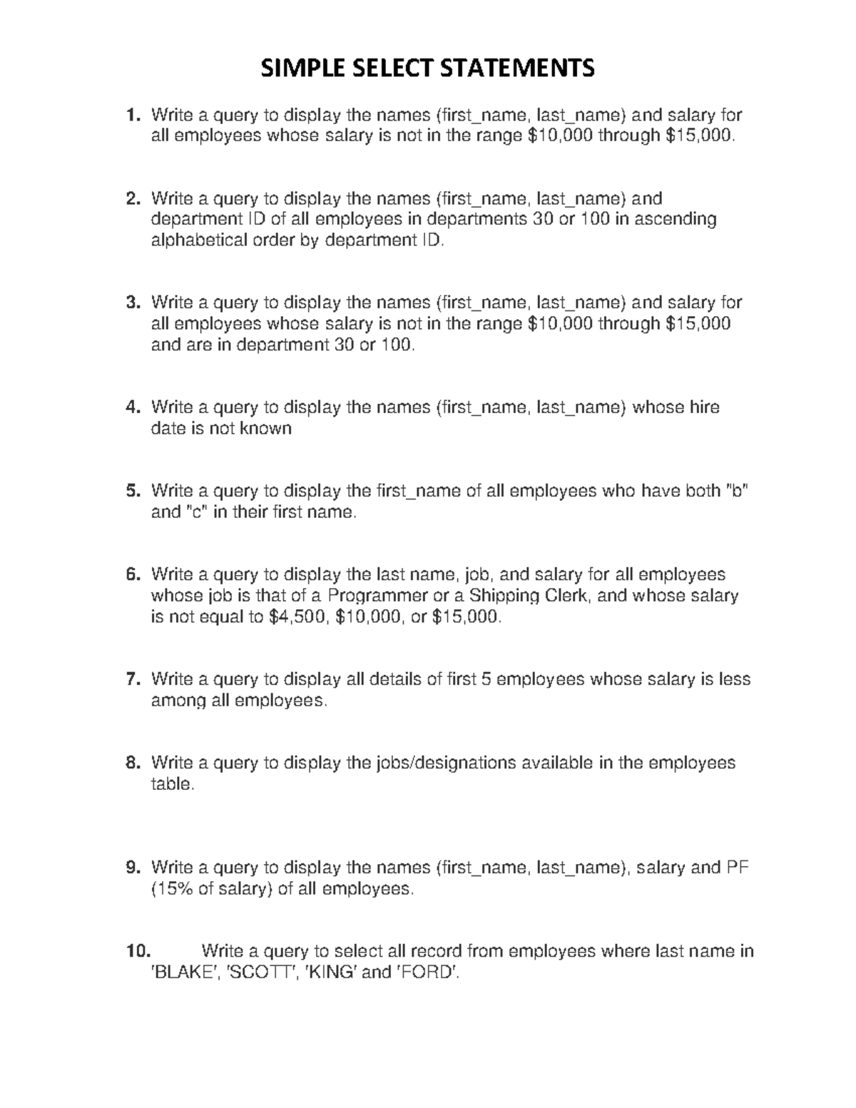 Simple Select Statements Assignment 1 Converted Simple Select Statements 1 Write A Query To