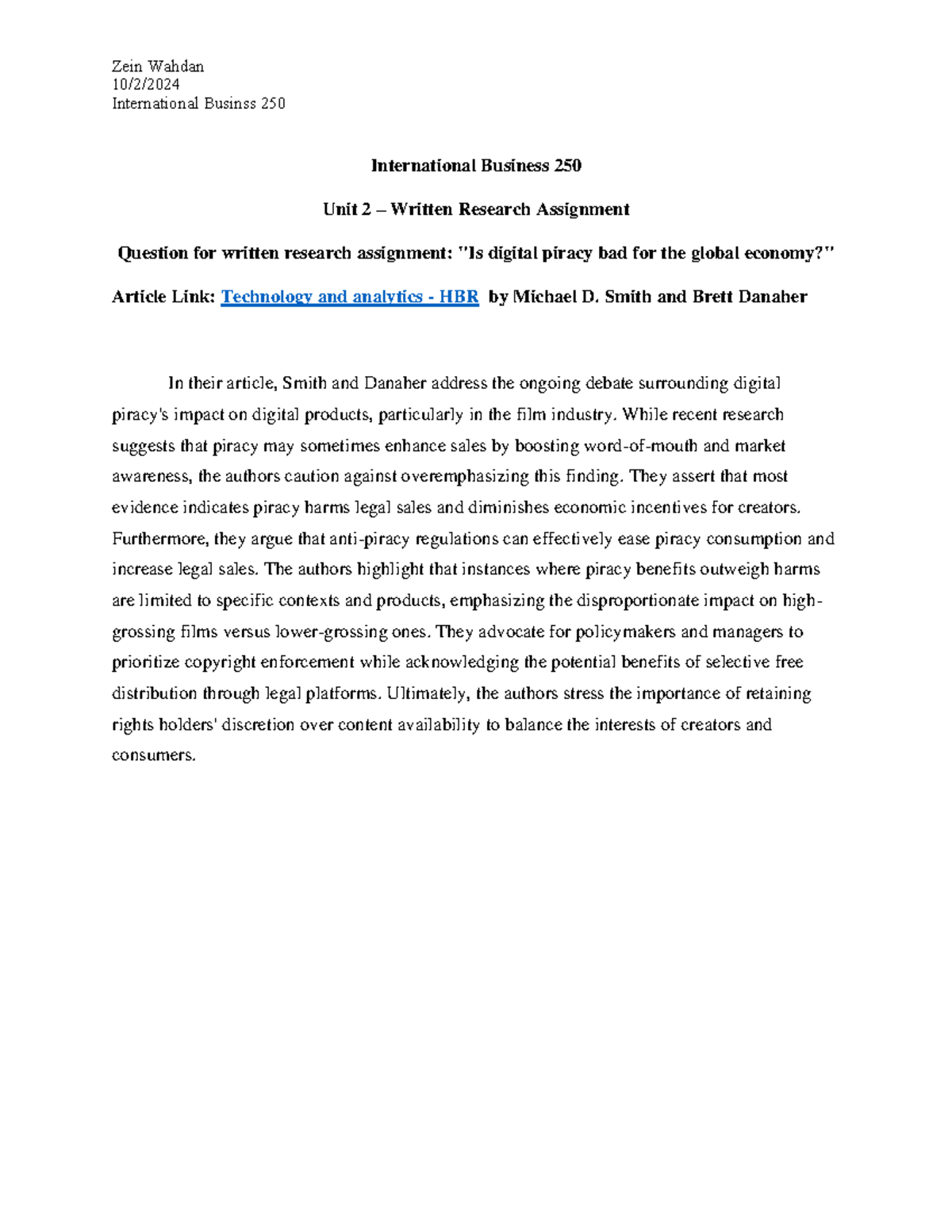 INBU 250 - Unit 3 - Written Research Assignment - Zein Wahdan 10/2 ...