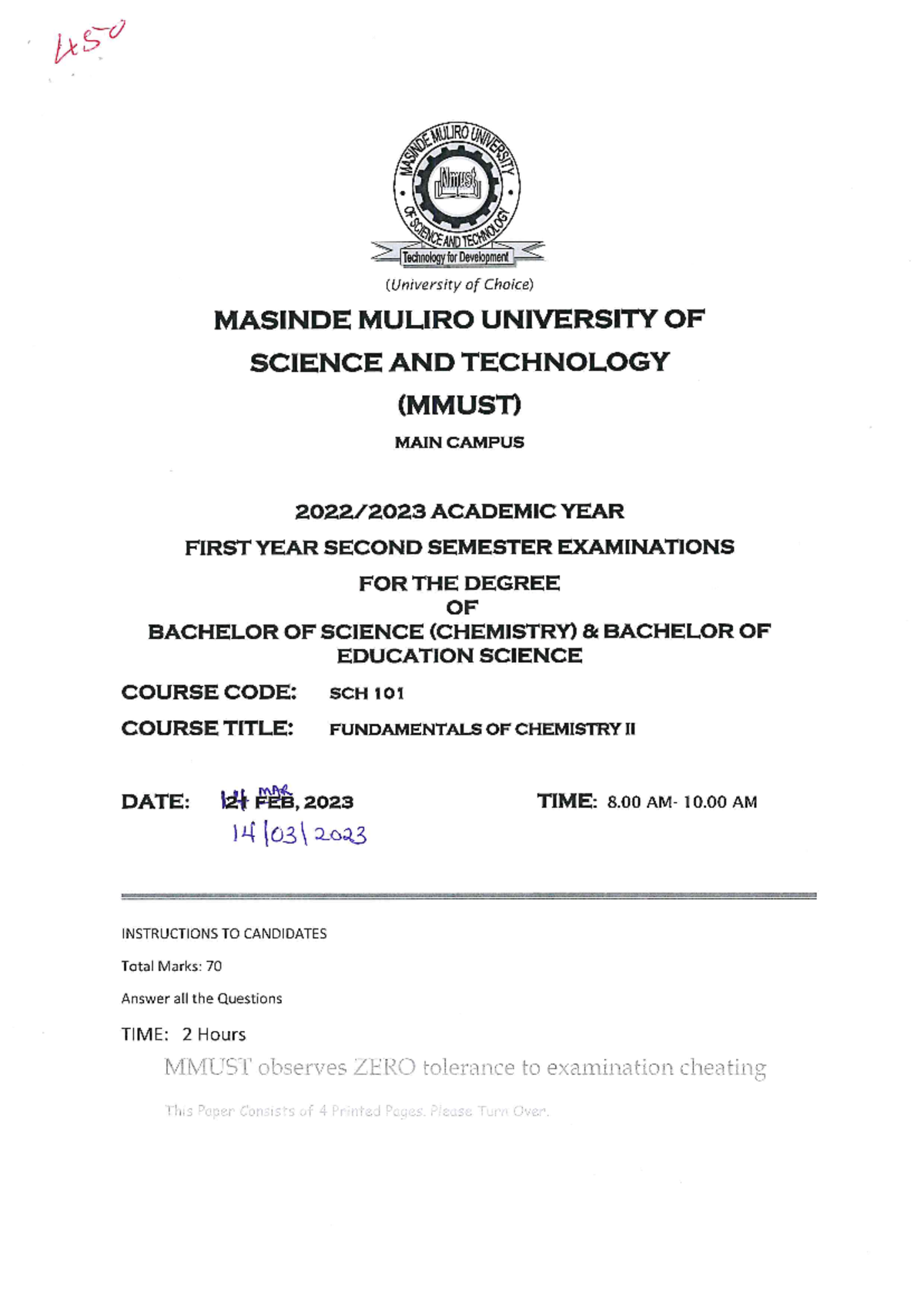 SCH 101 - Exam practice materials - 450 MULIRO UNIVERSITY SAMPLE AND ...
