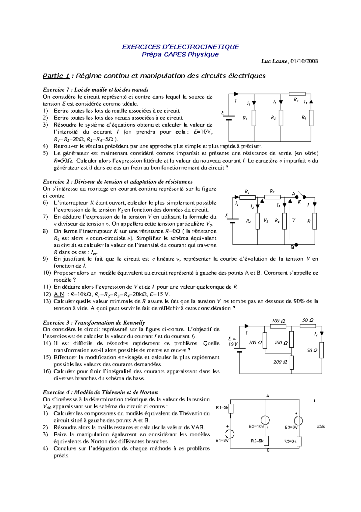 Feuille exercices electrocinetique TD - Luc - Studocu