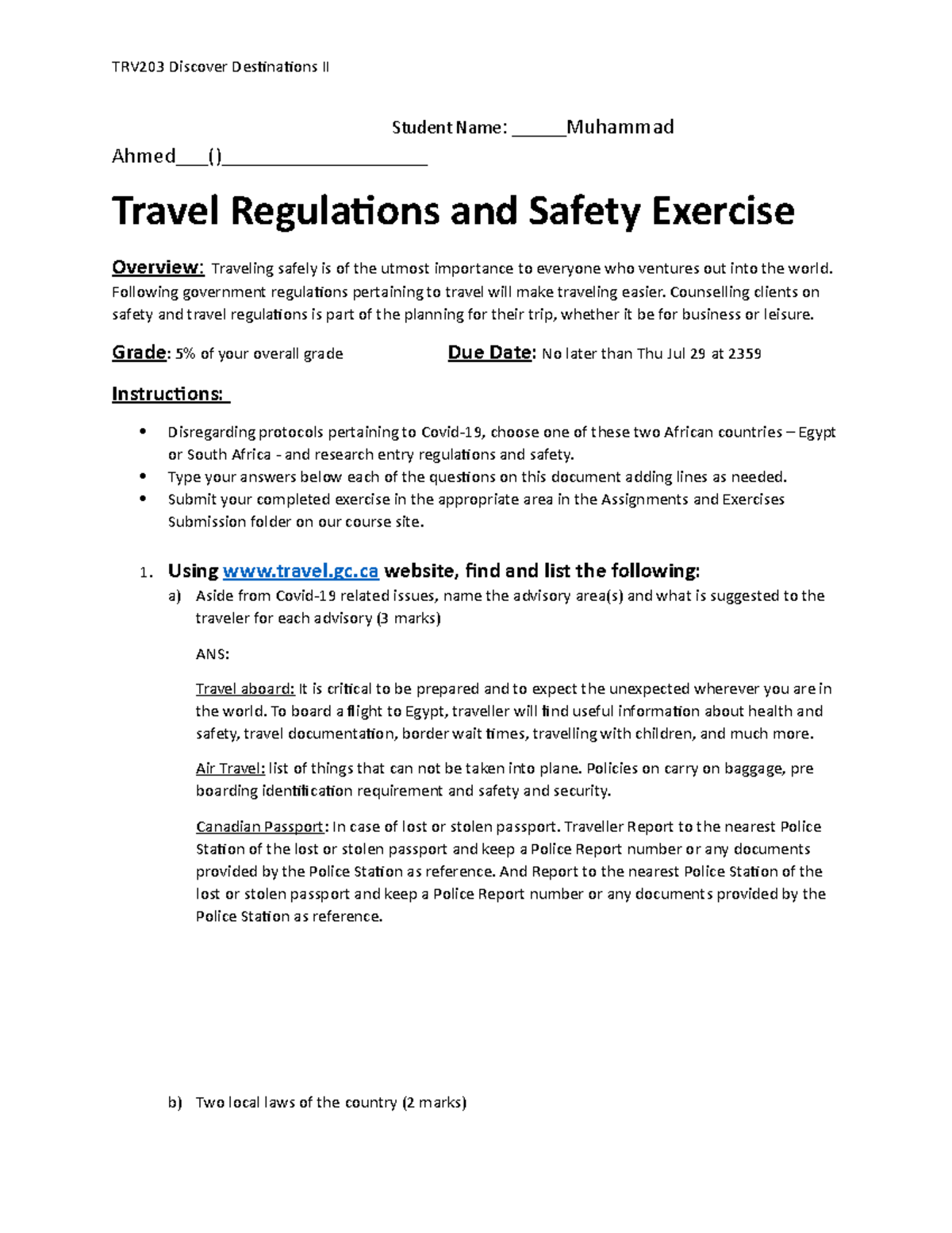 Travel Regulations and Safety Exercise - TRV203 Discover Destinations ...