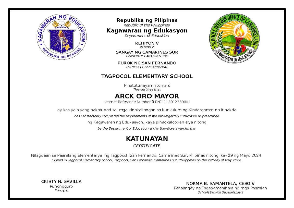 Diploma Certificate for kinder 2023 2024 - Republic of the Philippines ...