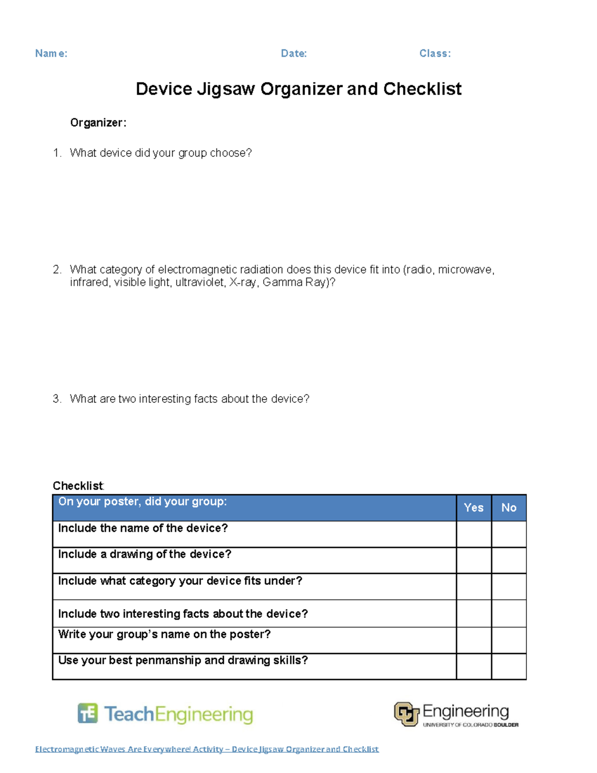 Electromagnetic waves device jigsaw organizer checklist - Name: Date ...