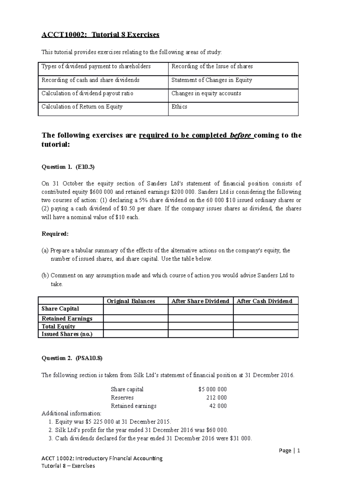 ACCT10002 Tutorial 8 Exercises - ACCT10002: Tutorial 8 Exercises This tutorial provides ...
