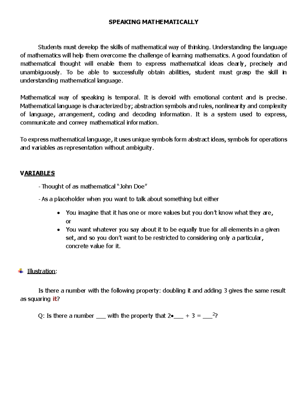 Topic 2 Speaking-Mathematically - SPEAKING MATHEMATICALLY Students must ...