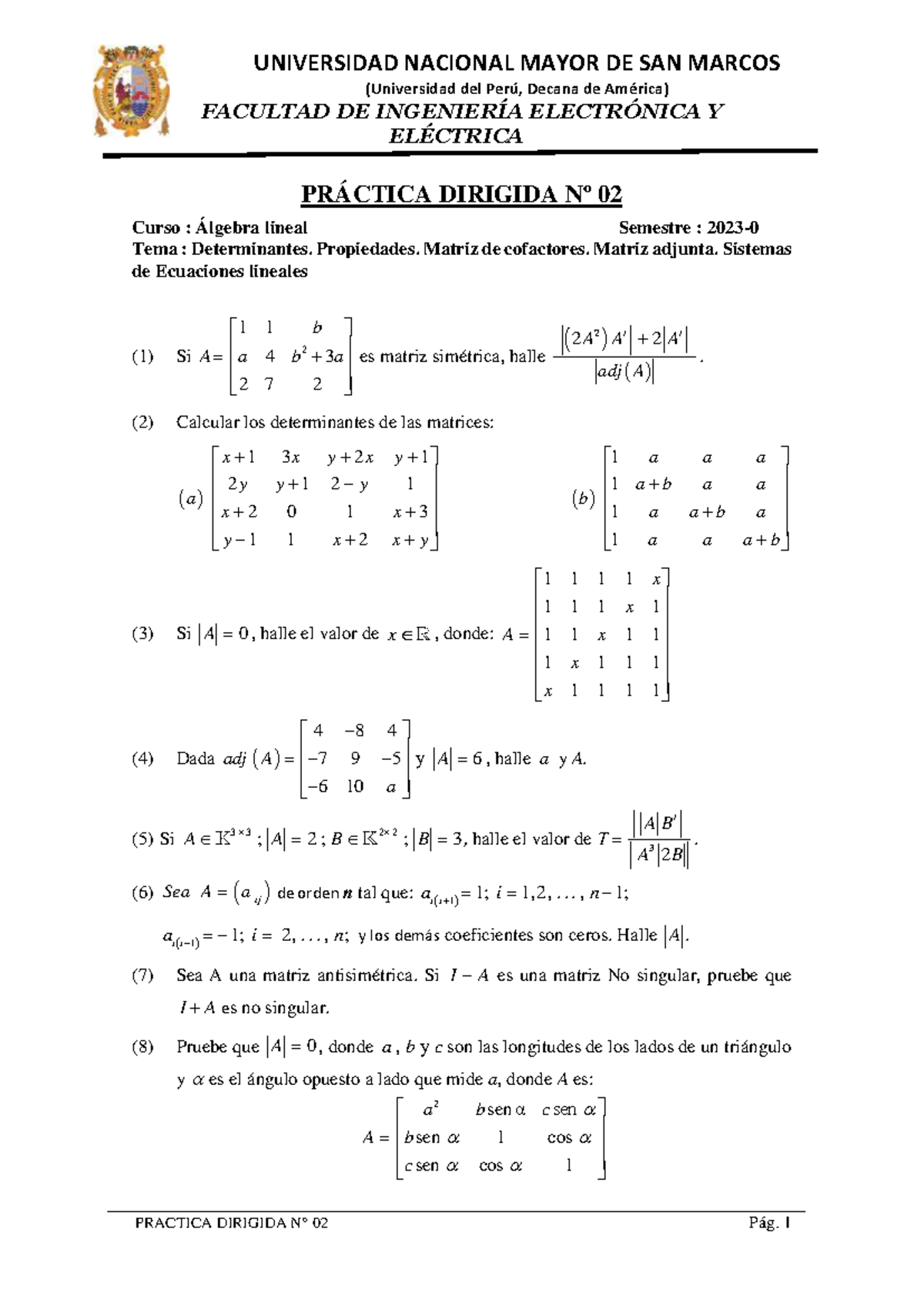 Practica Nº 02 - Evaluación - PRÁCTICA DIRIGIDA Nº 0 2 Curso : Álgebra lineal Semestre : 202 3 ...