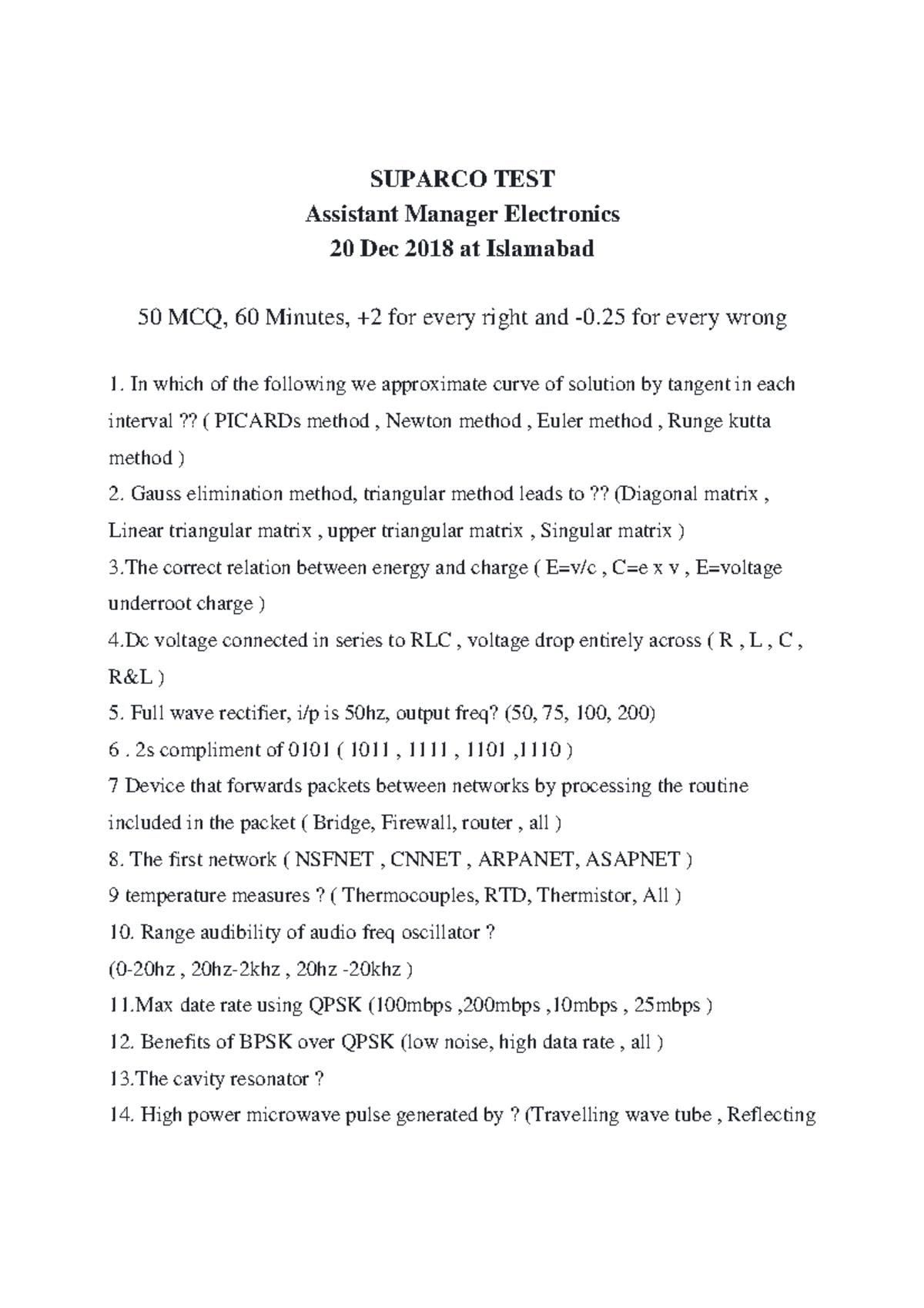 Suparco AM Electronics 20 DEC 2018 - SUPARCO TEST Assistant Manager ...