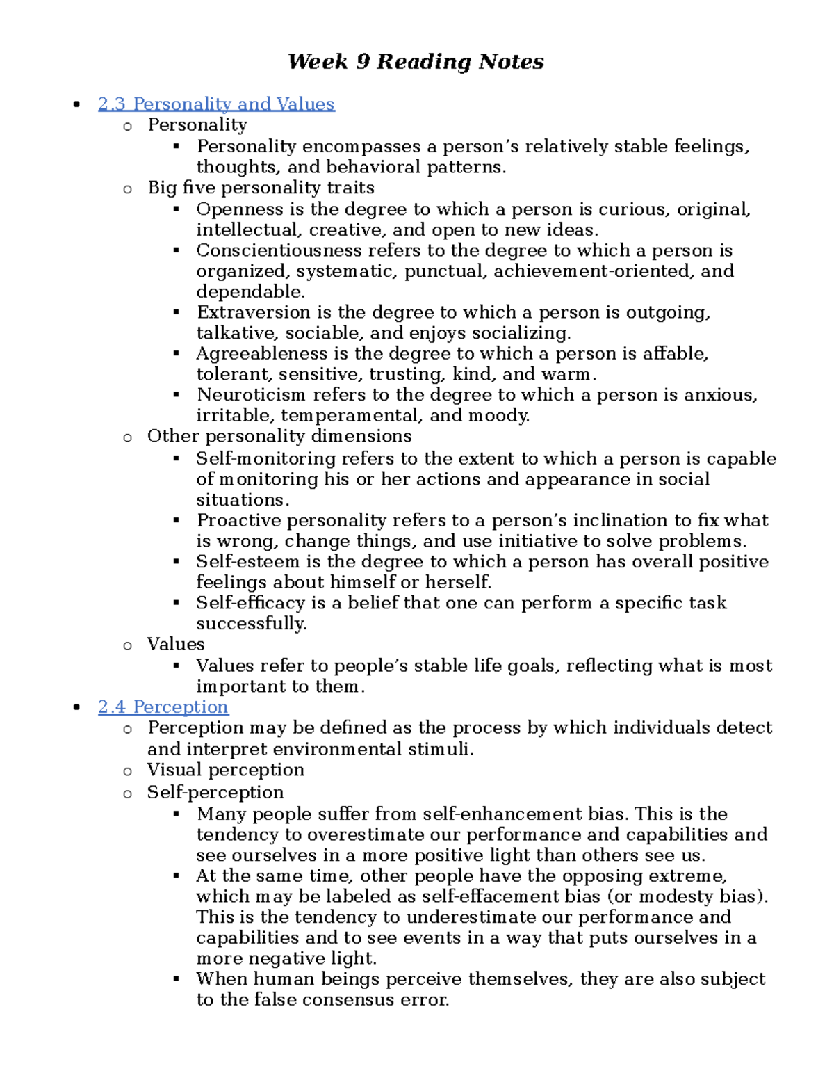 Week 9 Reading Notes - Week 9 Reading Notes 2 Personality and Values o ...