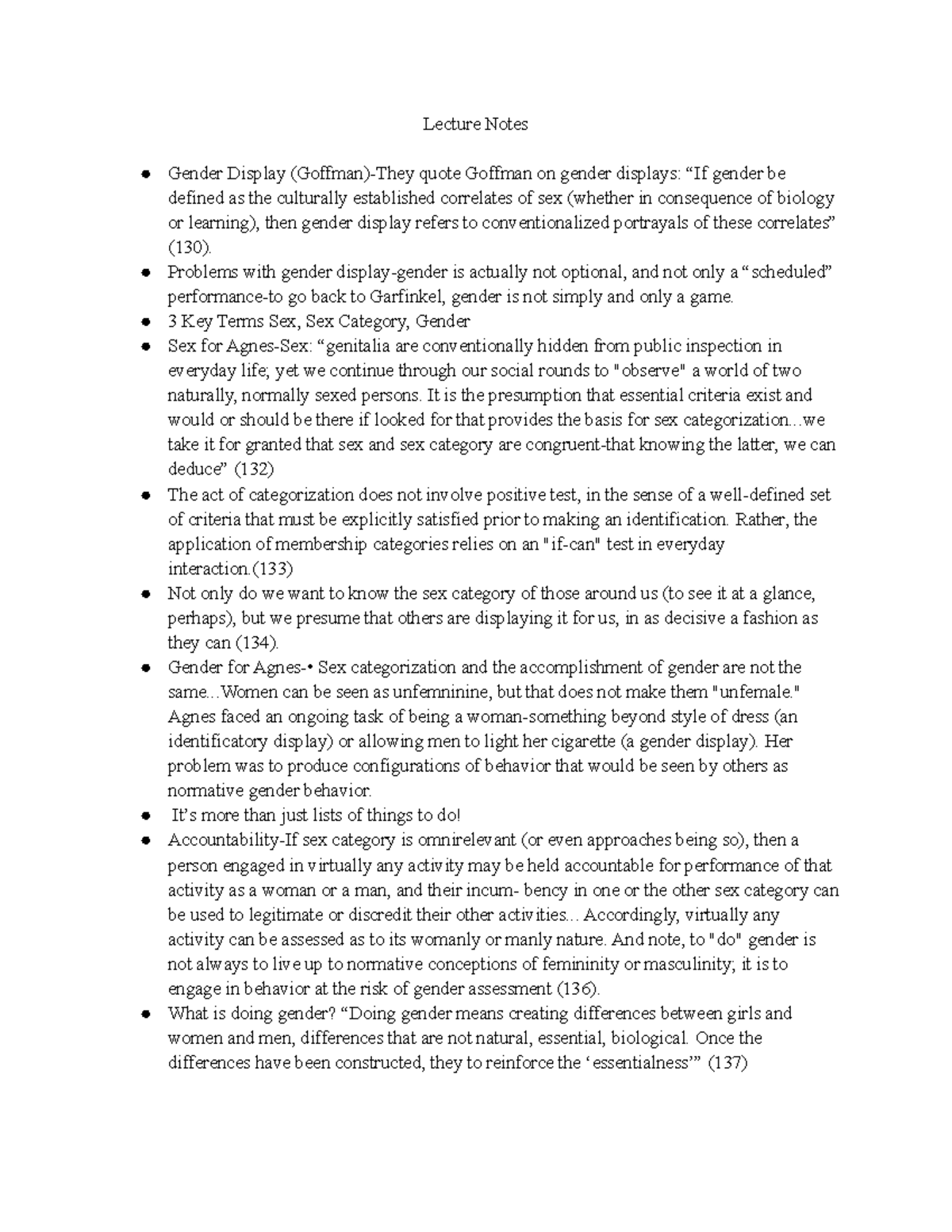 Soc 102 Lecture Notes April 6th Wk 2 Part 2 Lecture Notes Gender Display Goffman They Quote