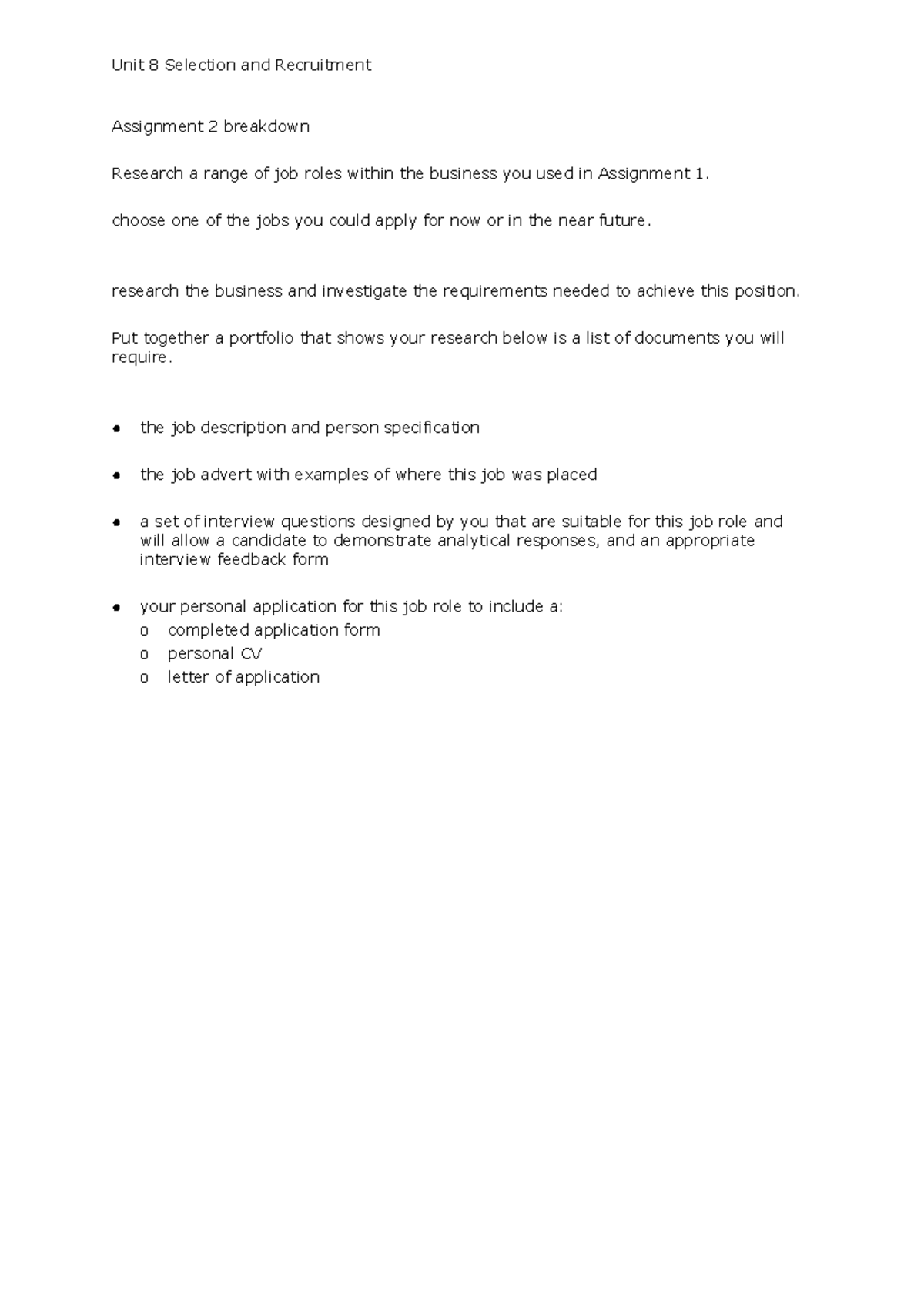 Assignment 2 breakdown - Unit 8 Selection and Recruitment Assignment 2 ...