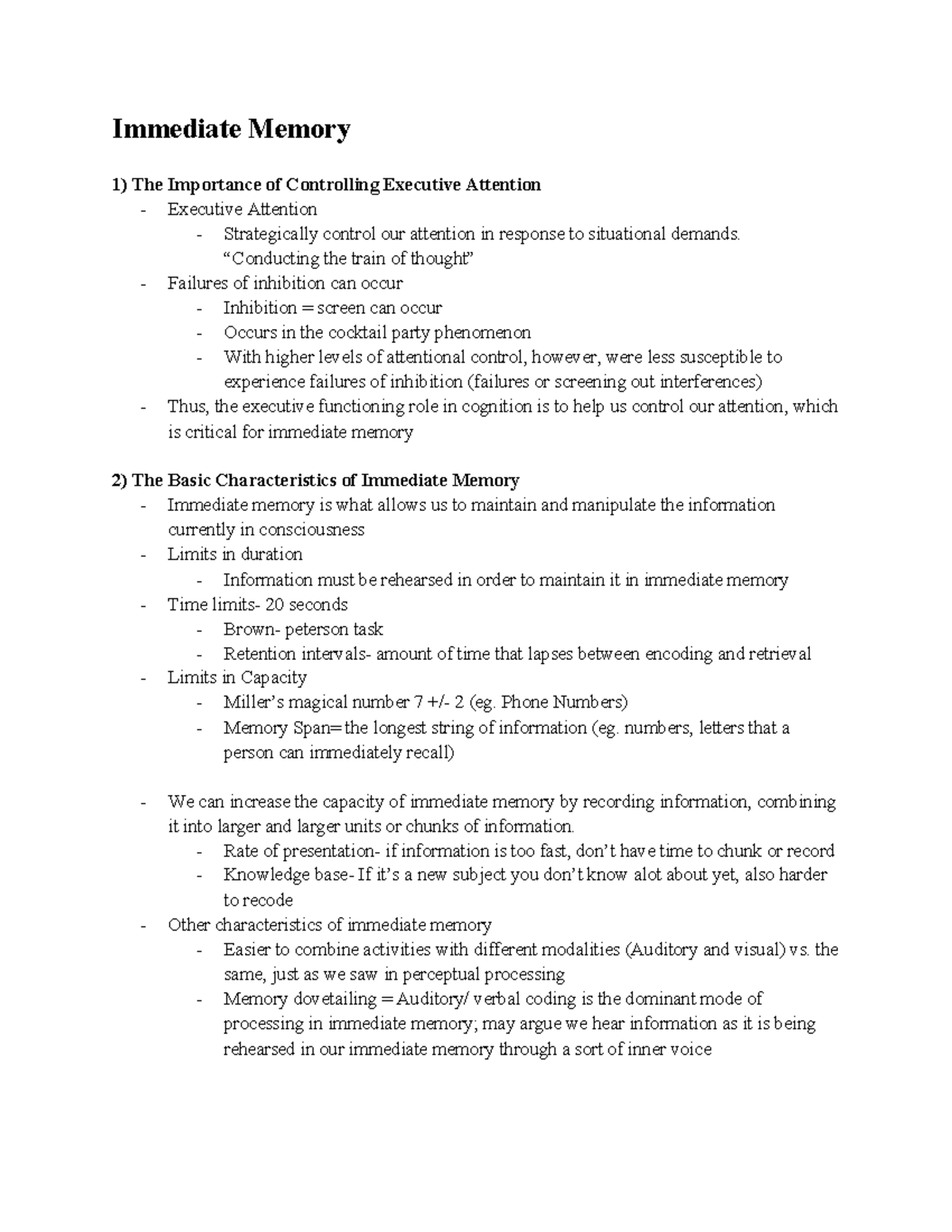 Psychology 253- Module 4 - Immediate Memory 1) The Importance of ...