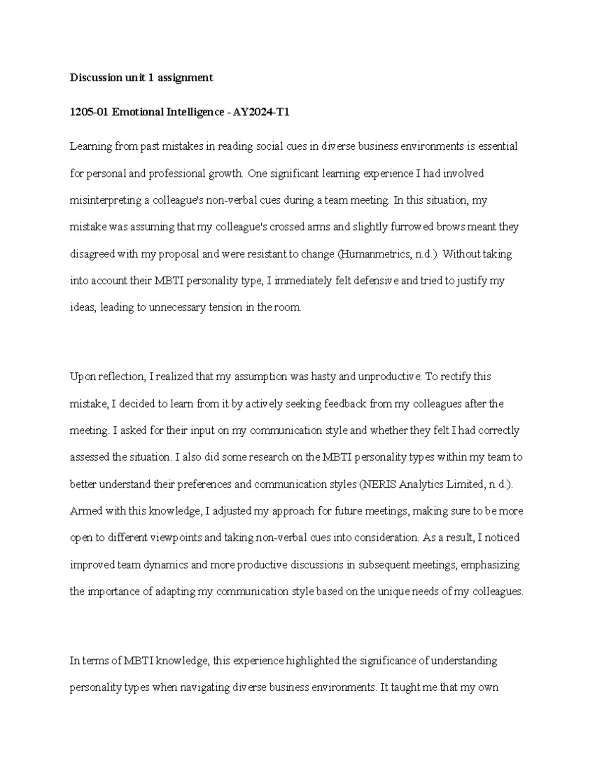 Discussion assignment 2 EI - Discussion unit 1 assignment 1205-01 Emotional Intelligence ...